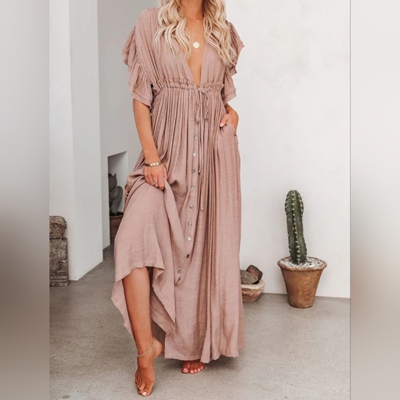 Dresses | New Boho Flowy Gauze Cover Up Maxi Dress Button Front Beige ...